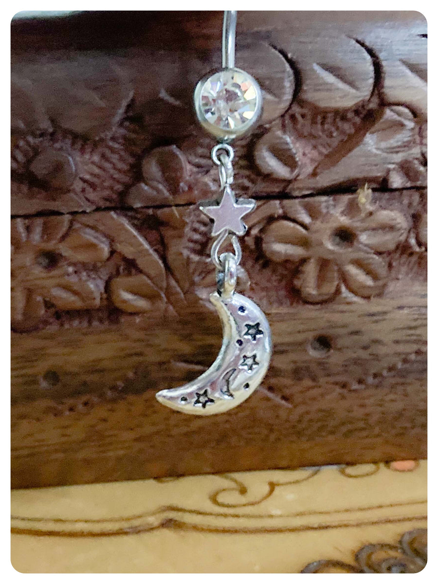 INDIAN SILVER CELESTIAL MOON STARS CRYSTAL GEM BOHO SURGICAL STEEL NAV ...